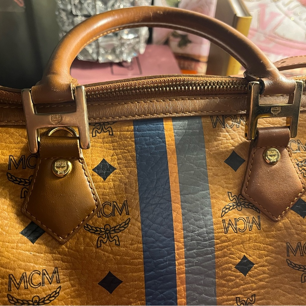 Mcm Visetos Cognac Boston Bag With Mcm Dog Bone Charm. - Gem